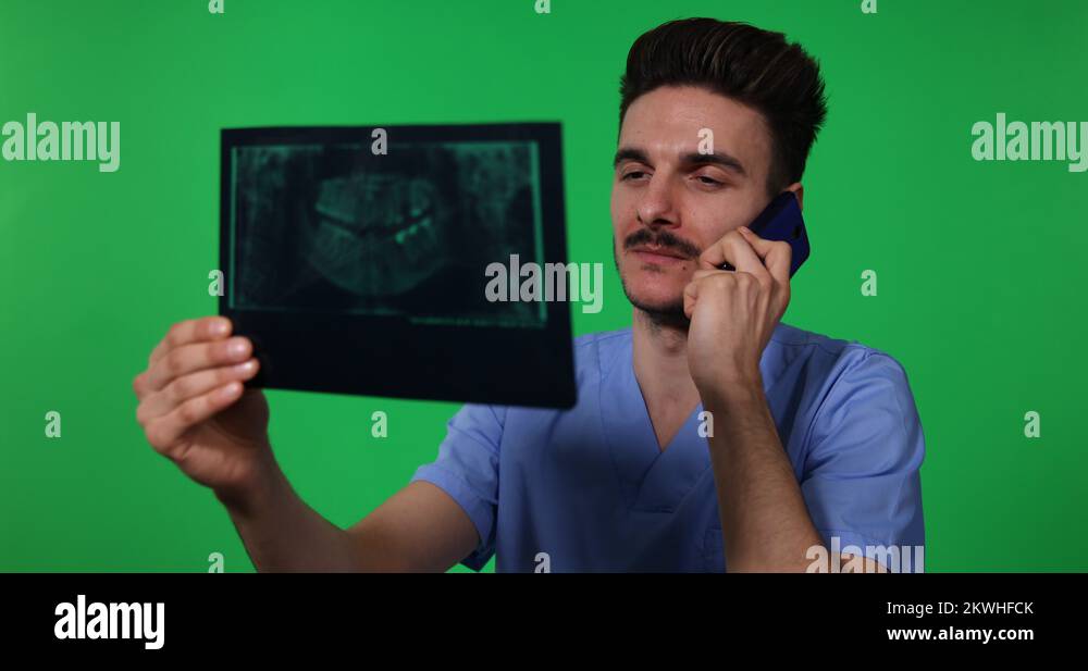 Dentist Man Negative News Talk Mobile Phone Check X-Ray Green Screen ...