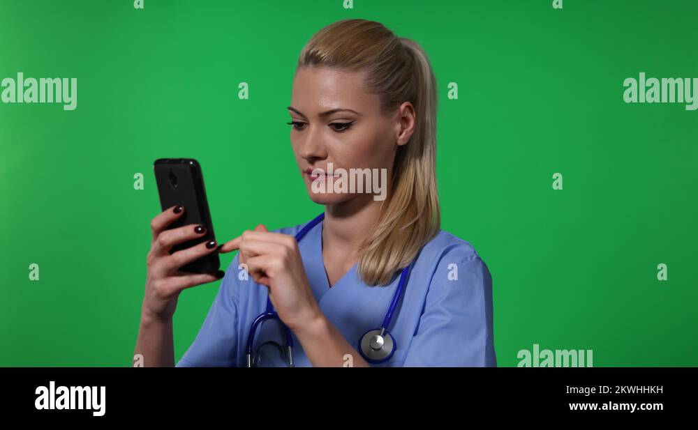 Medical Doctor Female Using Mobile Phone Examine Work Green Screen ...