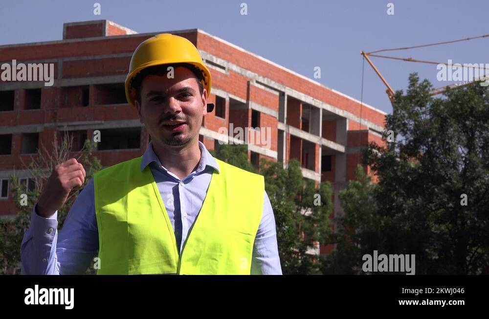 Real estate developer builder talking gesturing presenting construction ...