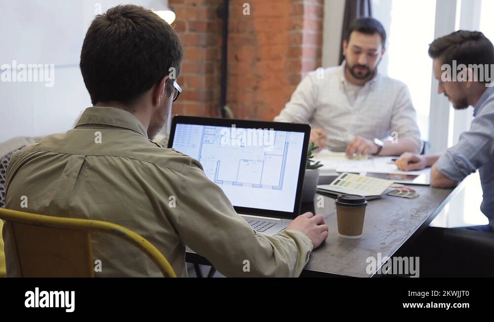 Collaborative work images design drawings on meeting laptop, discuss ...