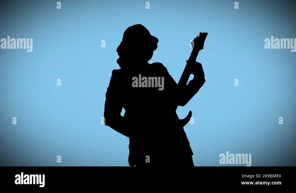 Cool Guitarist Playing the Electric Guitar on the Blue Background Stock ...