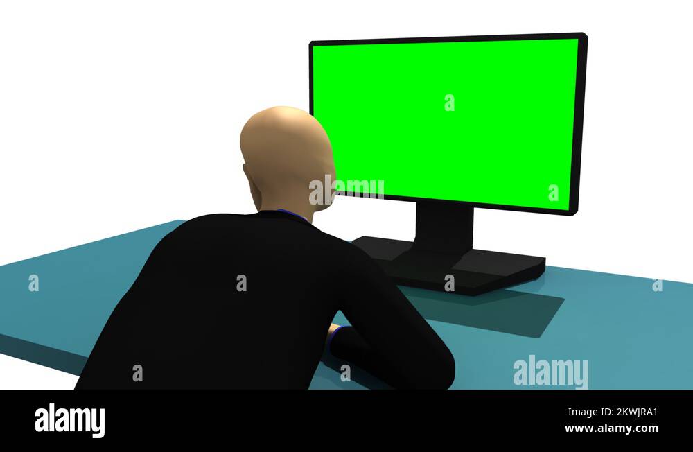 Computer animation representing a 3d-man sitting in front of a green ...