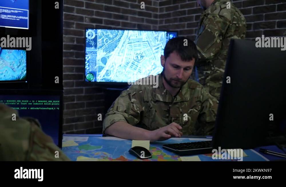 officer men in camouflage uniform, War center at monitoring room ...