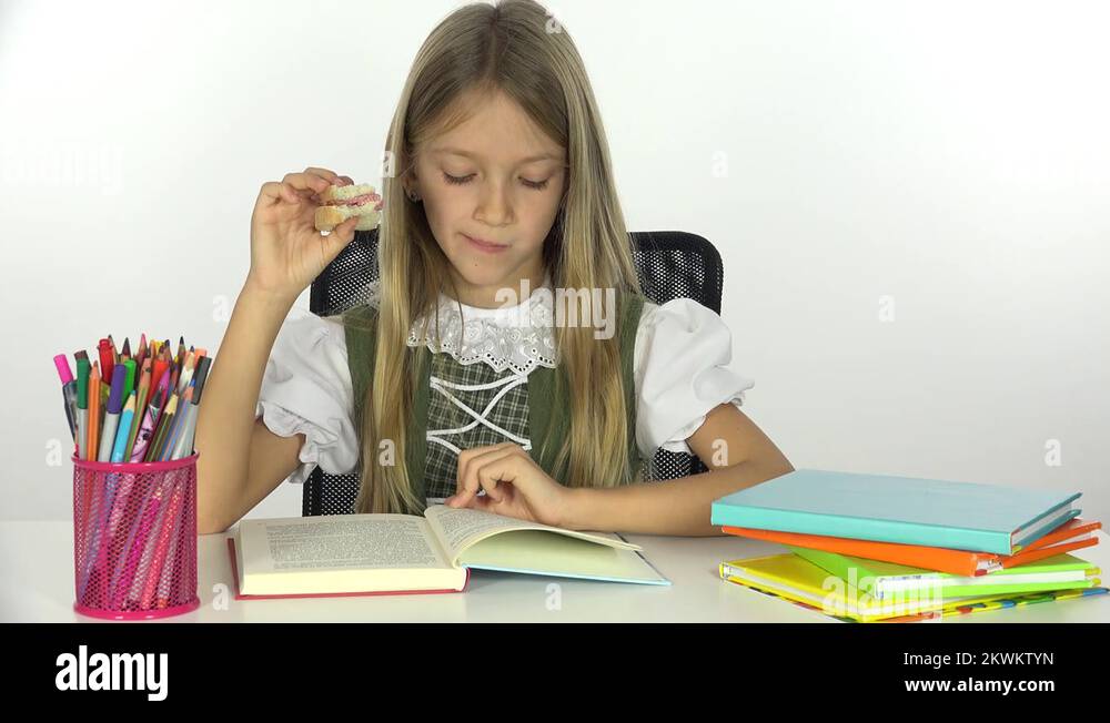 School Girl Reading, Student Child Learning, Kid Eating Sandwich ...