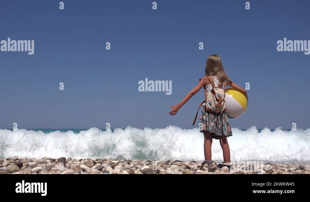 Child Watching Sea Waves on Beach, Little Girl Playing at Seaside ...
