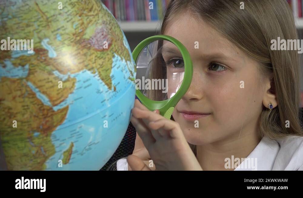 Child Studying Earth Globe, Kid in School Class Girl Learning, Student ...