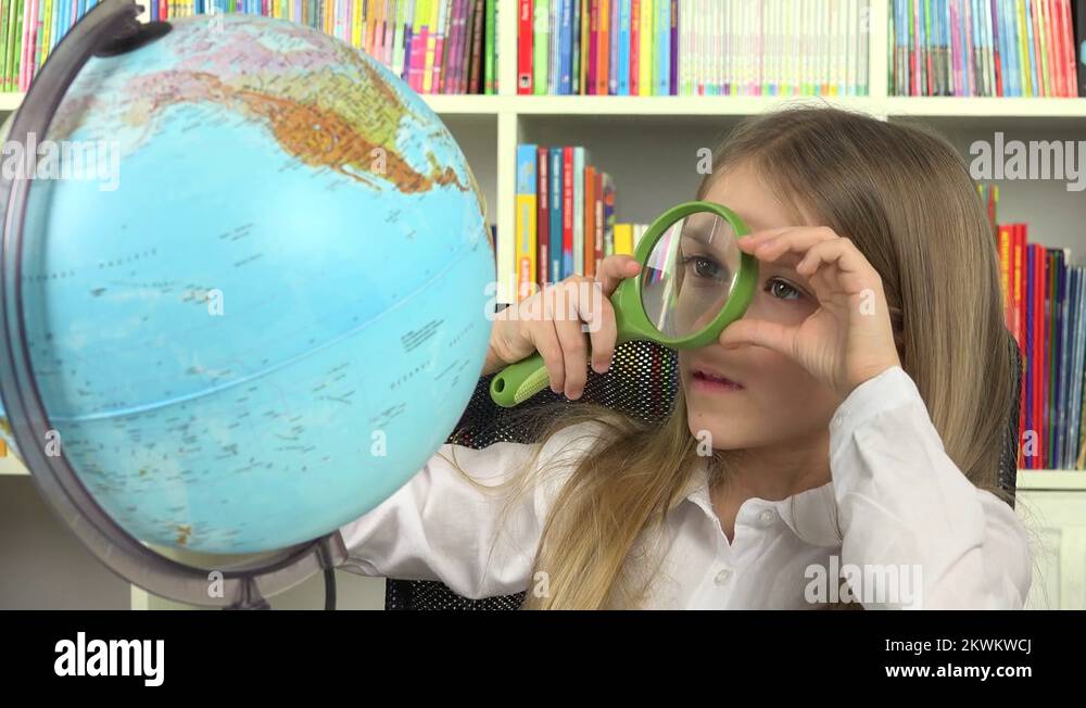 Child Studying Earth Globe, Kid in School Class Girl Learning, Student ...