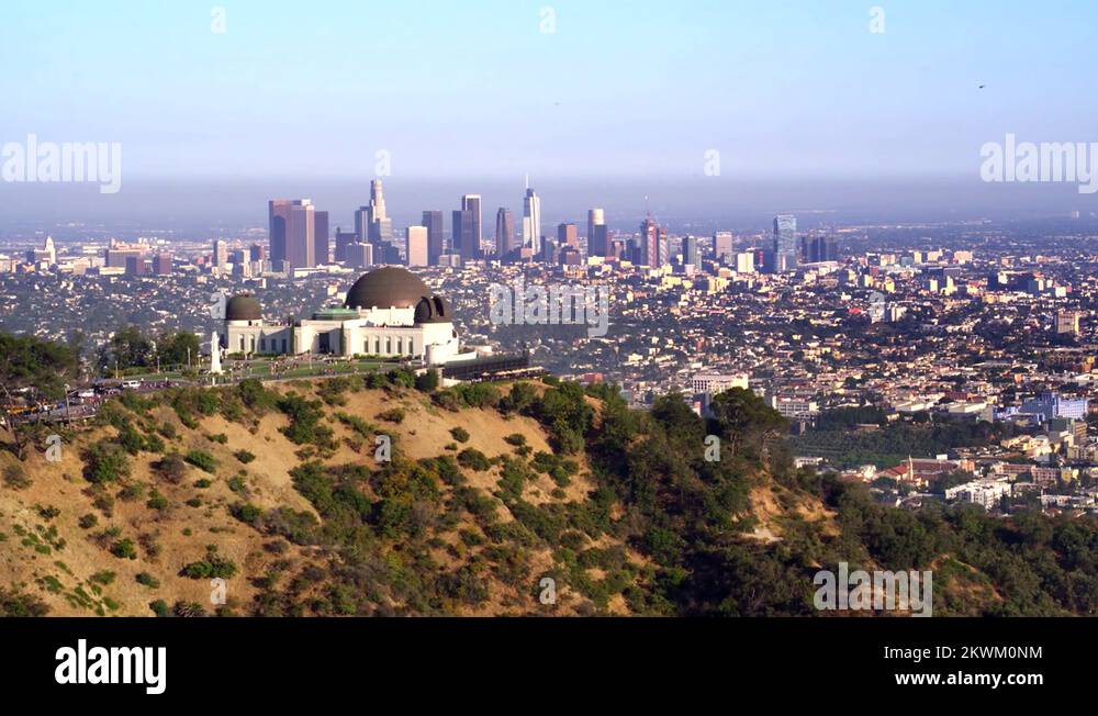 Griffith Park Observatory and view of Downtown Los Angeles by Aerial ...