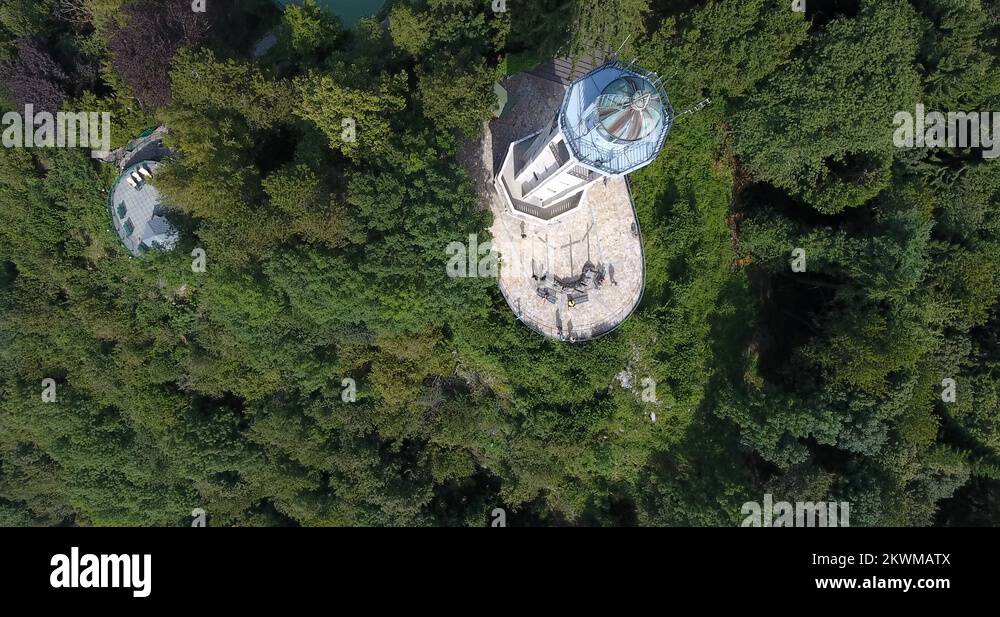 Volta lighthouse and tennis court from above at Lake Como in Lombardy ...
