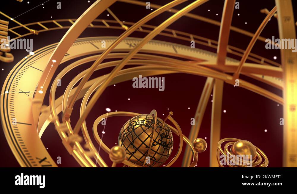Armillary Sphere And Zodiac Signs On Red Background. 3D Animation Stock ...