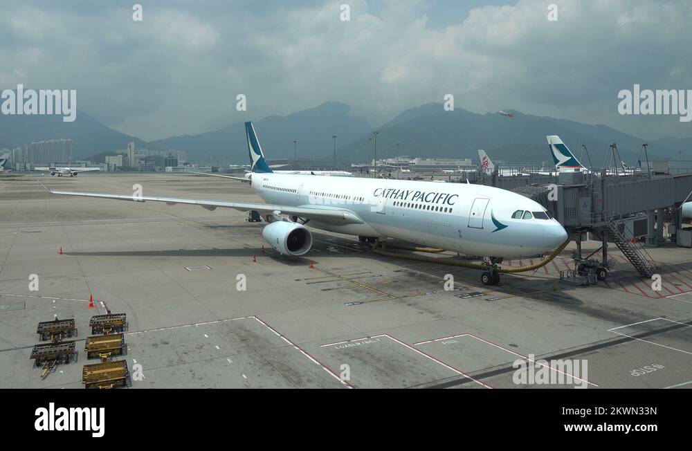 Asia transport hub, commercial Cathay Pacific airplane in Hong Kong ...