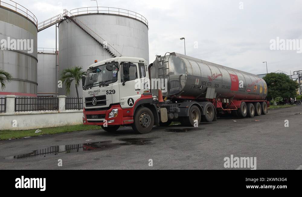 Truck for transporting palm oil at an industrial refinery in Malaysia ...