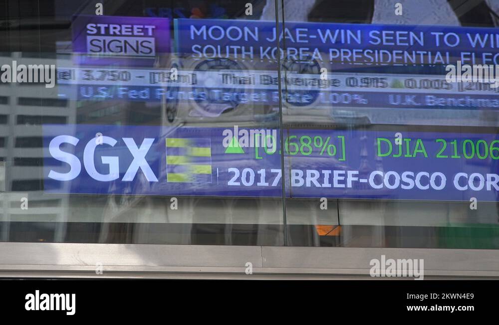 Electronic ticker board displays live information Singapore stock ...