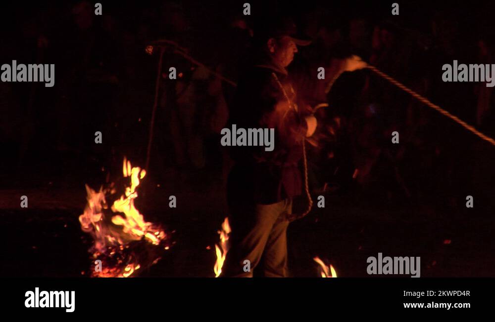 Japanese Fire Festival - Fire ring spinning at Ichinomiya Aso Shrine ...