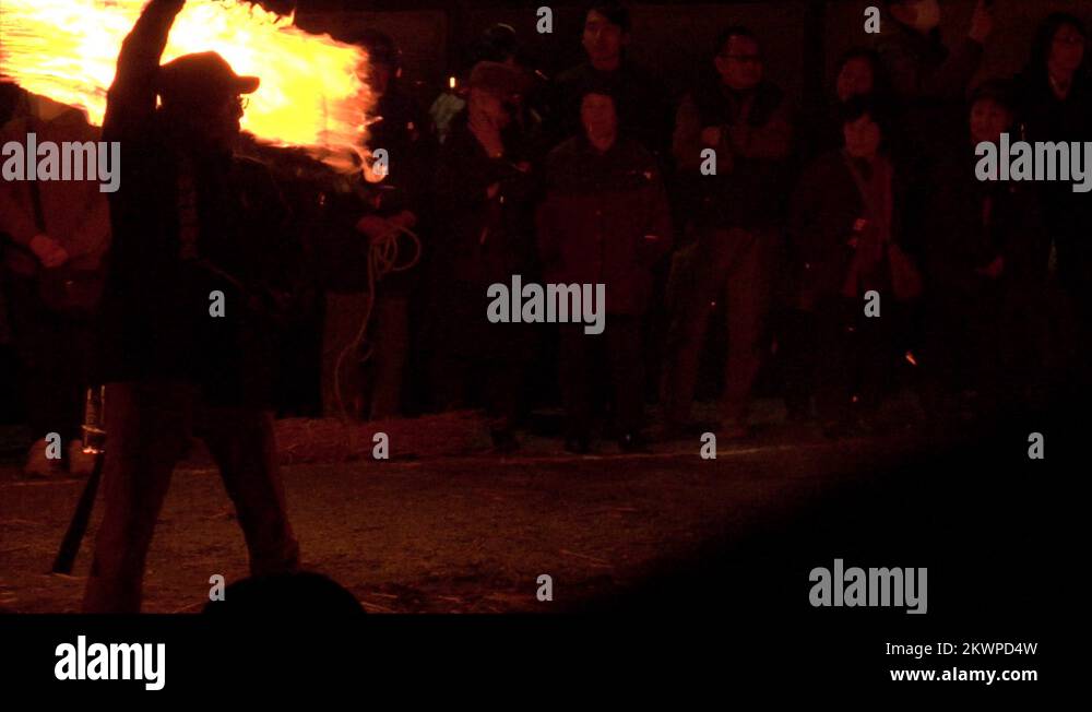 Japanese Fire Festival - Fire ring spinning at Ichinomiya Aso Shrine ...