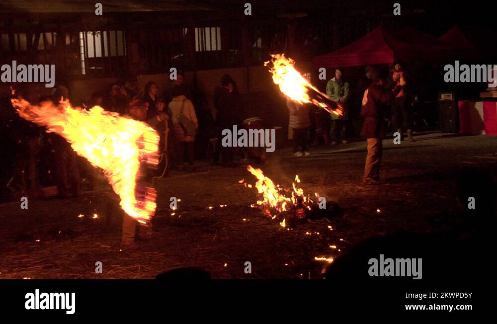 Japanese Fire Festival - Fire ring spinning at Ichinomiya Aso Shrine ...
