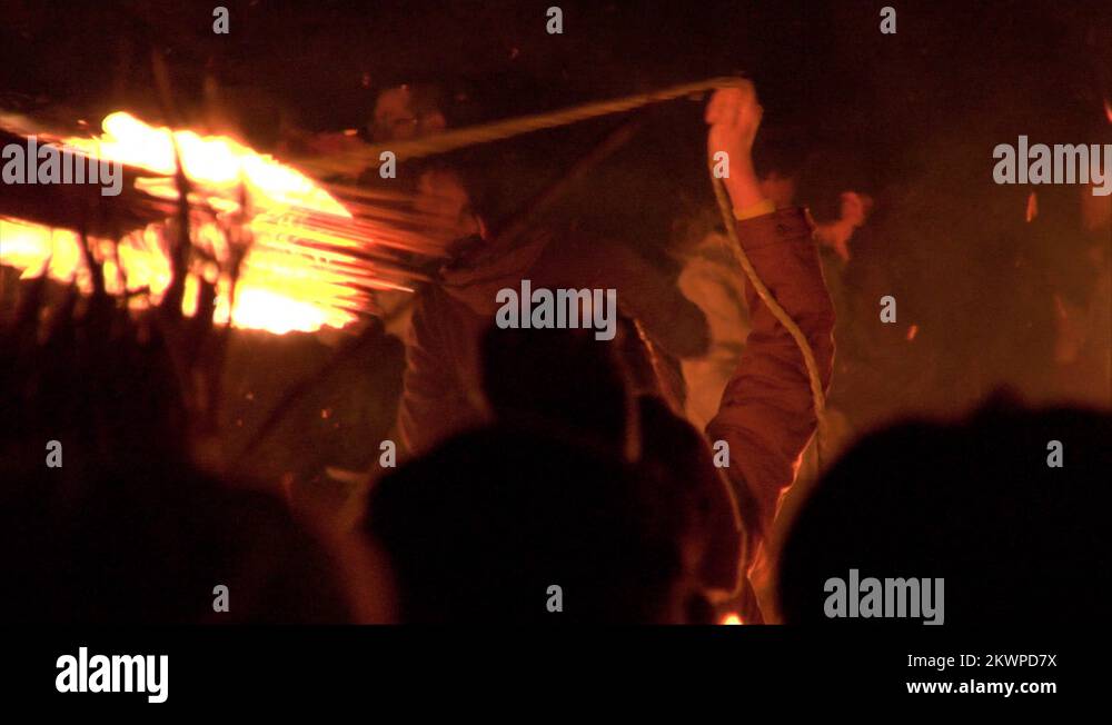 Japanese Fire Festival - Fire ring spinning at Ichinomiya Aso Shrine ...
