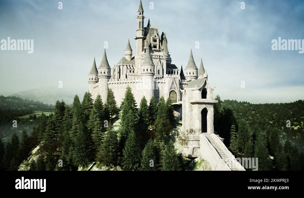 Old fairytale castle on the hill. aerial view. Realistic 4k animation ...