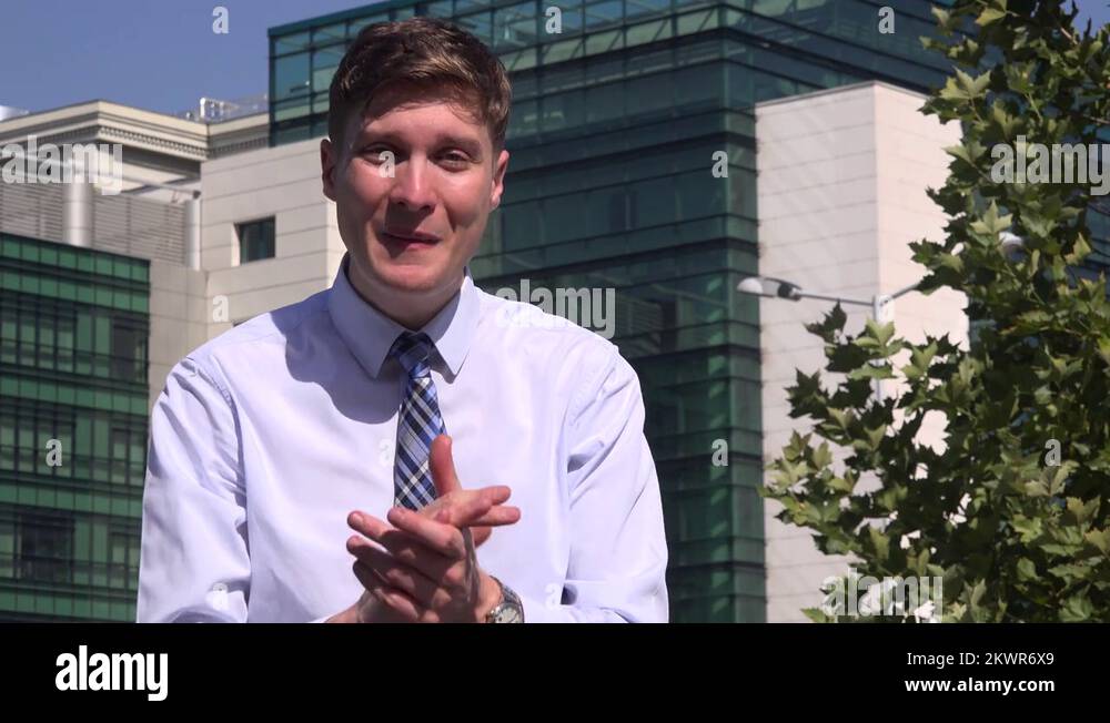 TV interview presenter successful business man guy outside office ...