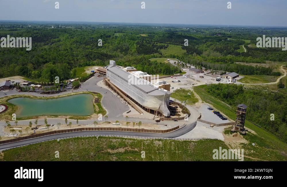 An aerial over a replica of Noah's Ark at the Ark Encounter theme park ...