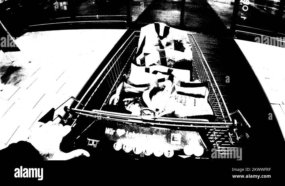 Customer pushing supermarket cart in retail place black and white ...