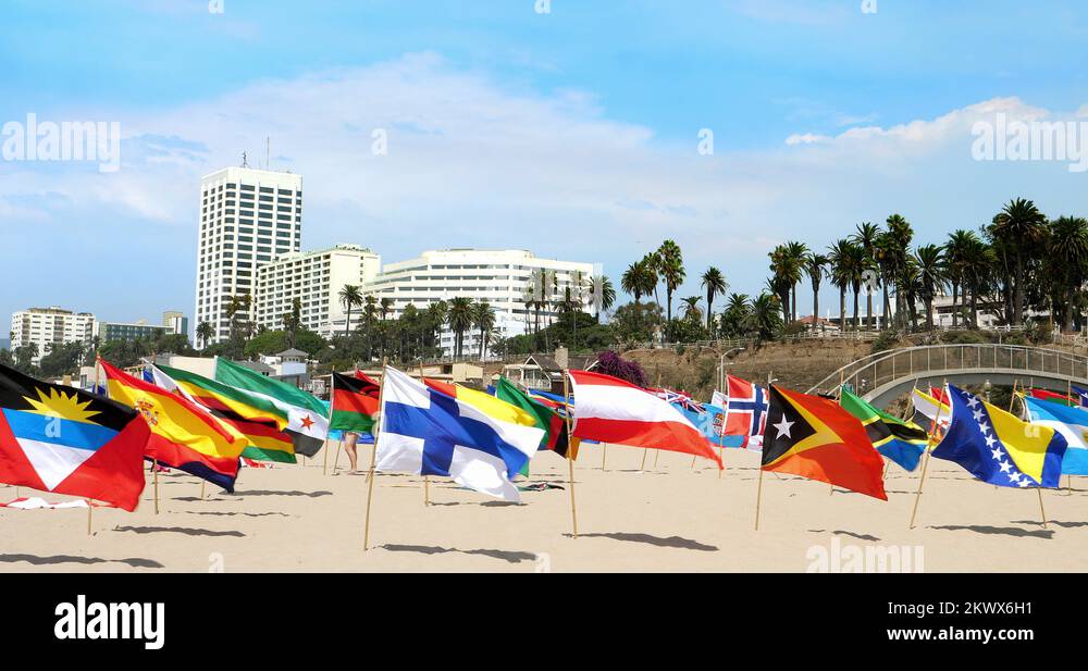 International flags blowing in the wind in Santa Monica Beach in Los ...