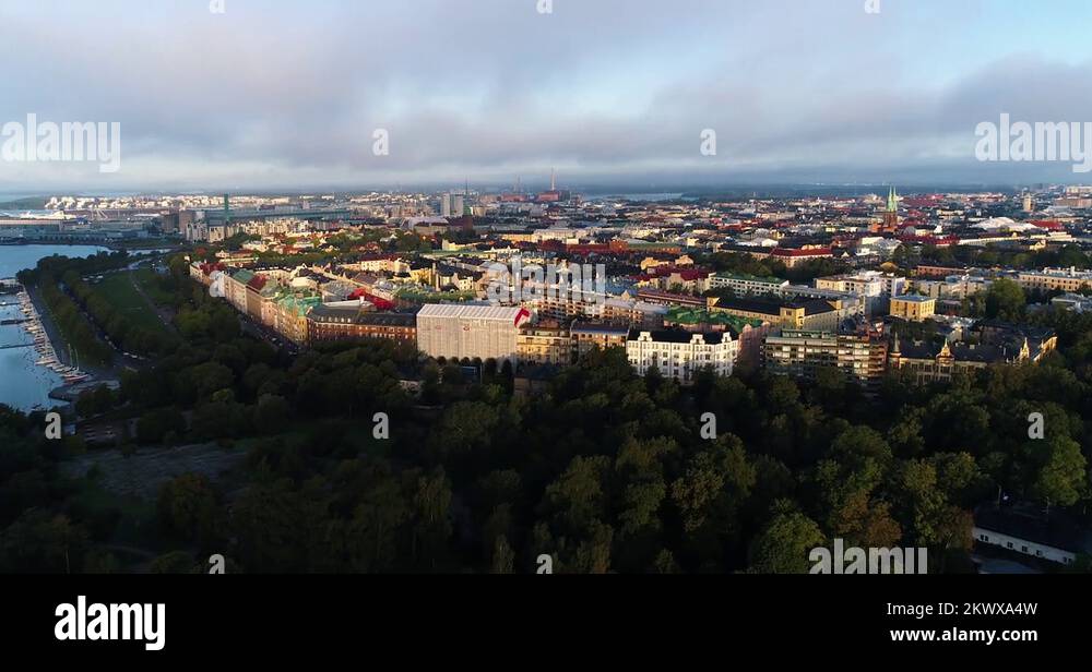 Aerial view of Helsinki capital of Finland. Drone flying forward ...