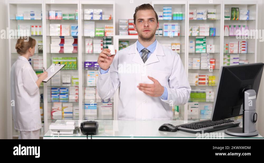 Pharmacist Man Talking Promoting New Drug Medicine Team Work Pharmacy ...