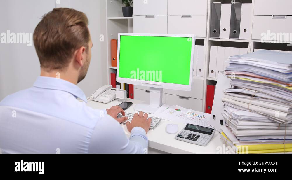 Accountant Man Work Using Desktop Computer with Green Screen Chroma Key ...