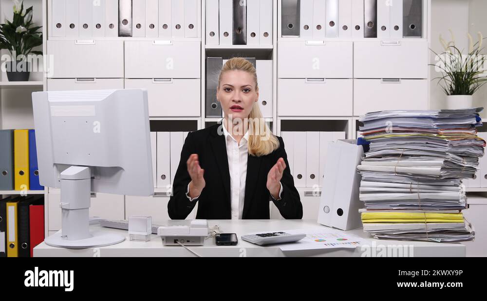 Bookkeeper Woman Look Camera Talking About Financial Documents Sales in ...