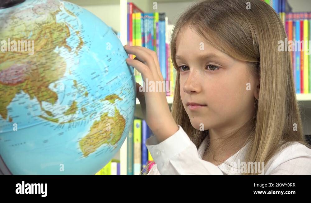Child Studying Earth Globe, Kid in School Class Girl Learning, Student ...