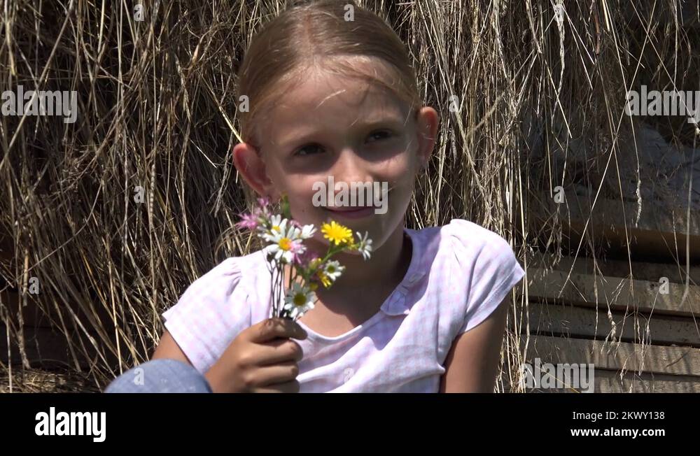 Child Portrait Smelling Field Flowers at Village Country Girl Outdoor ...