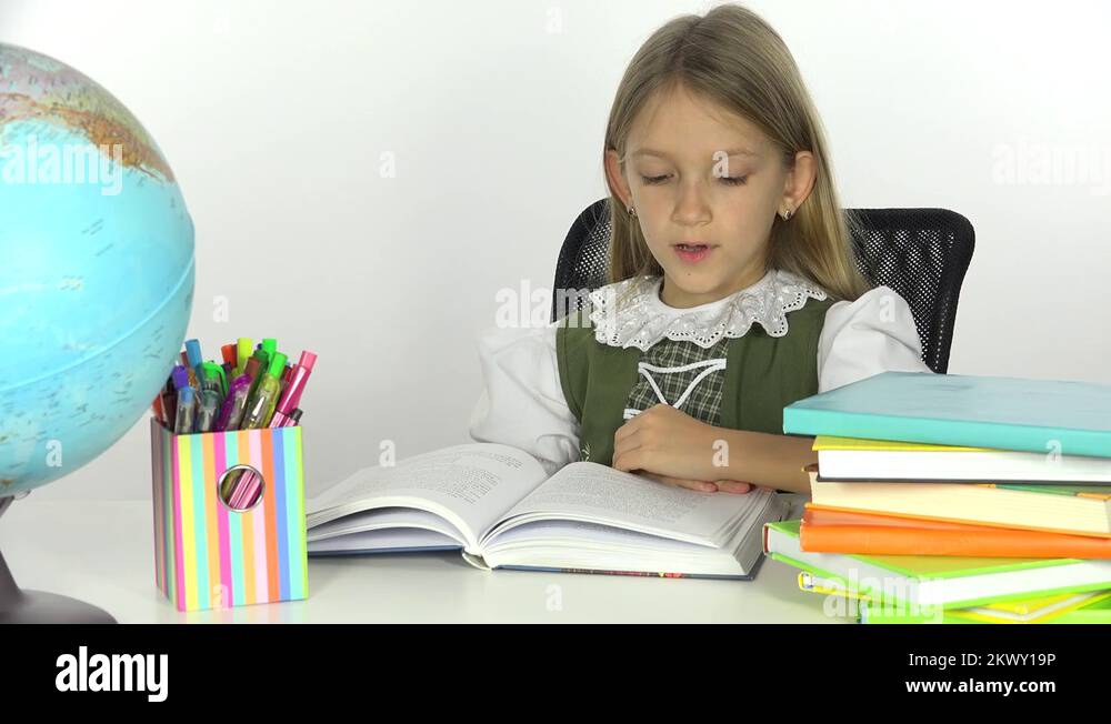 Child Studying Earth Globe, Kid in School Class Girl Learning, Student ...