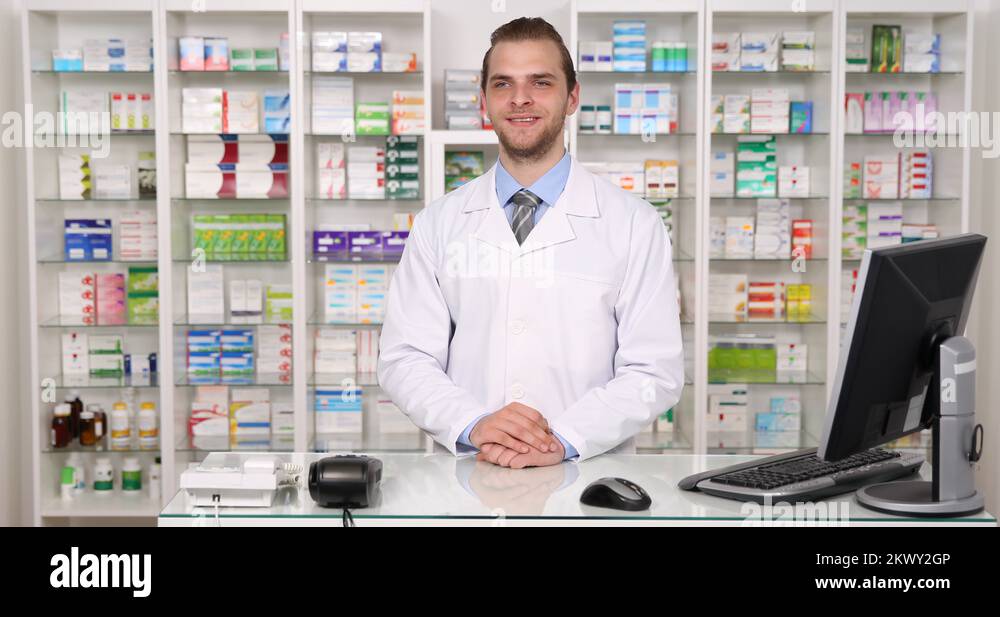 Happy Pharmacist Man Showing Ok Sign Looking Interview in Pharmacy Shop ...