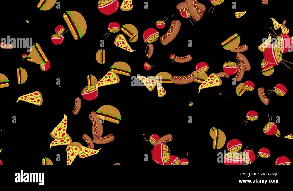 different fast food flying on black background seamless loop. fast food ...