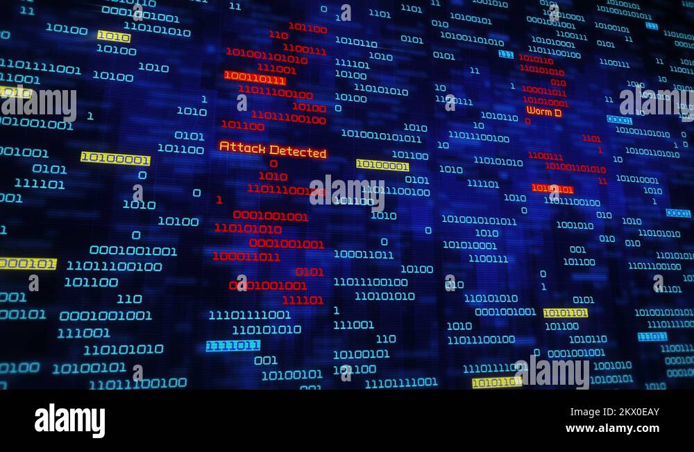 Binary data code animation. System hacked. Virus detected. Lateral ...