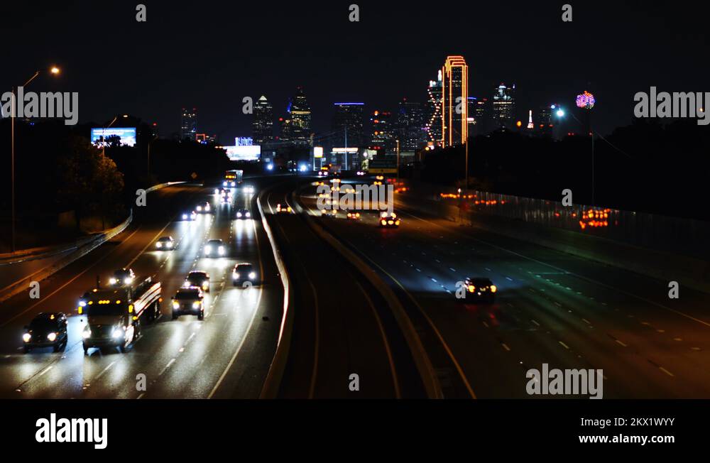 Dallas Skyline at Night with Traffic Dolly Right Stock Video Footage ...