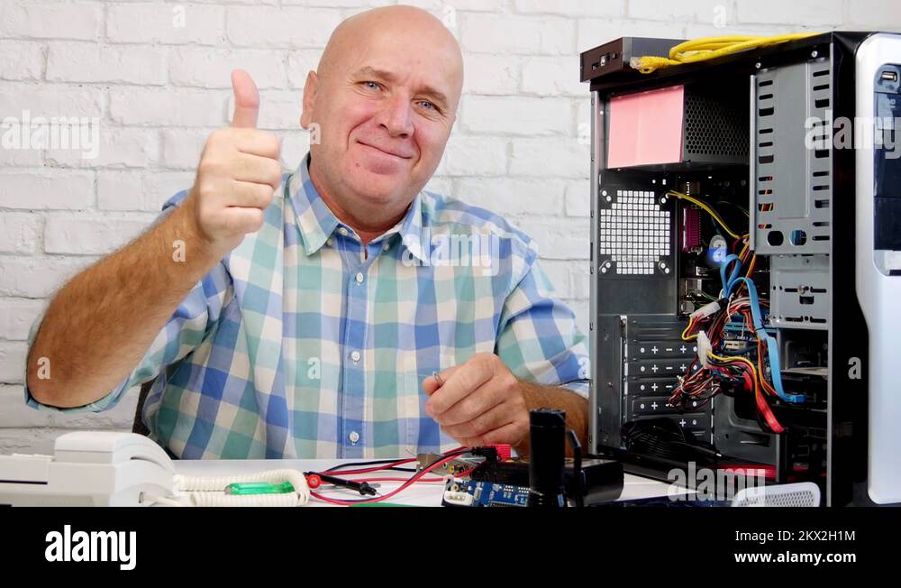Engineer Repairing Computer Make Hand Gestures Thumbs Up Smiling Stock ...