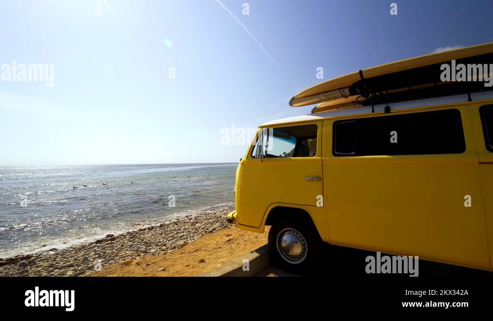 Classic VW Bus With Surfboards at the Beach Tracking Shot Stock Video ...