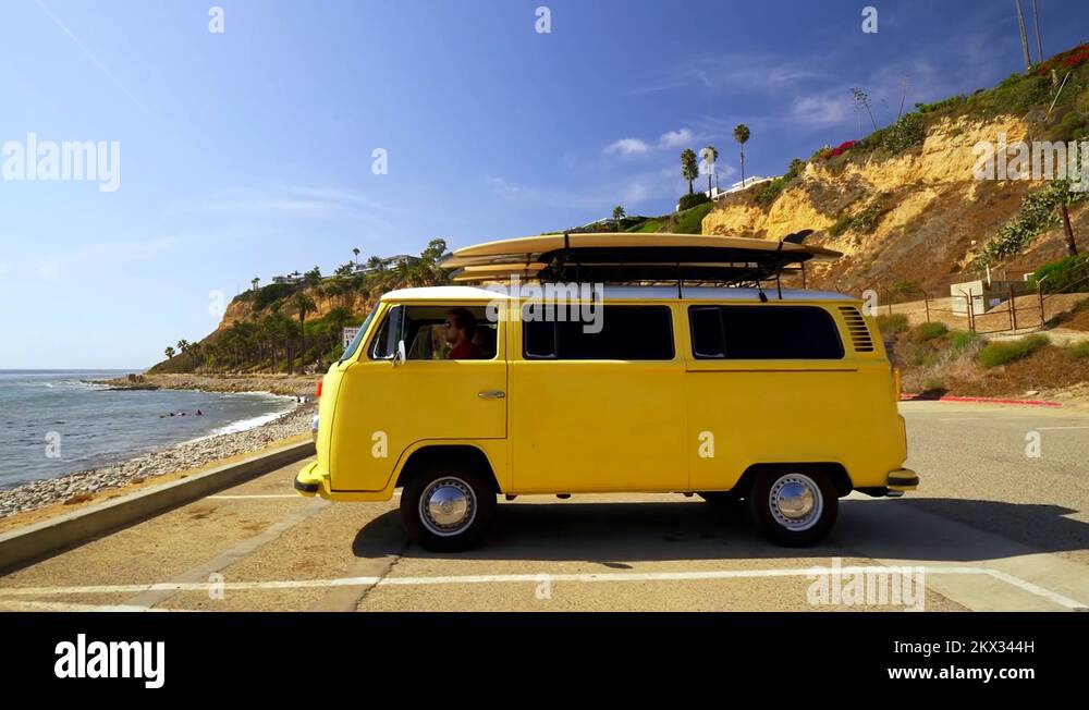 Classic VW Bus With Surfboards at the Beach Tracking Shot Stock Video ...