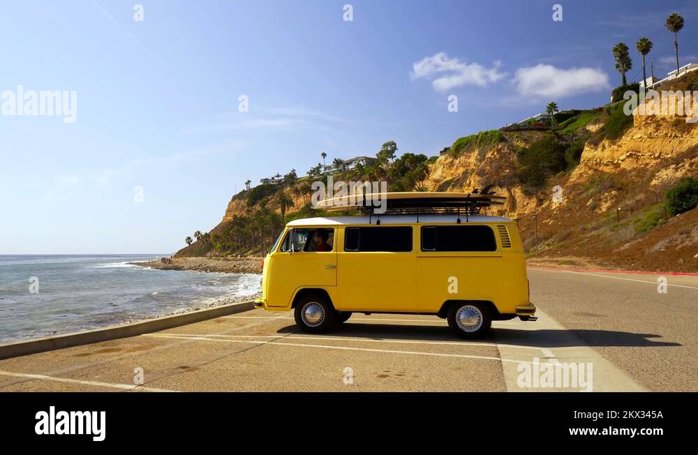 Classic VW Bus With Surfboards at the Beach Tracking Shot Stock Video ...