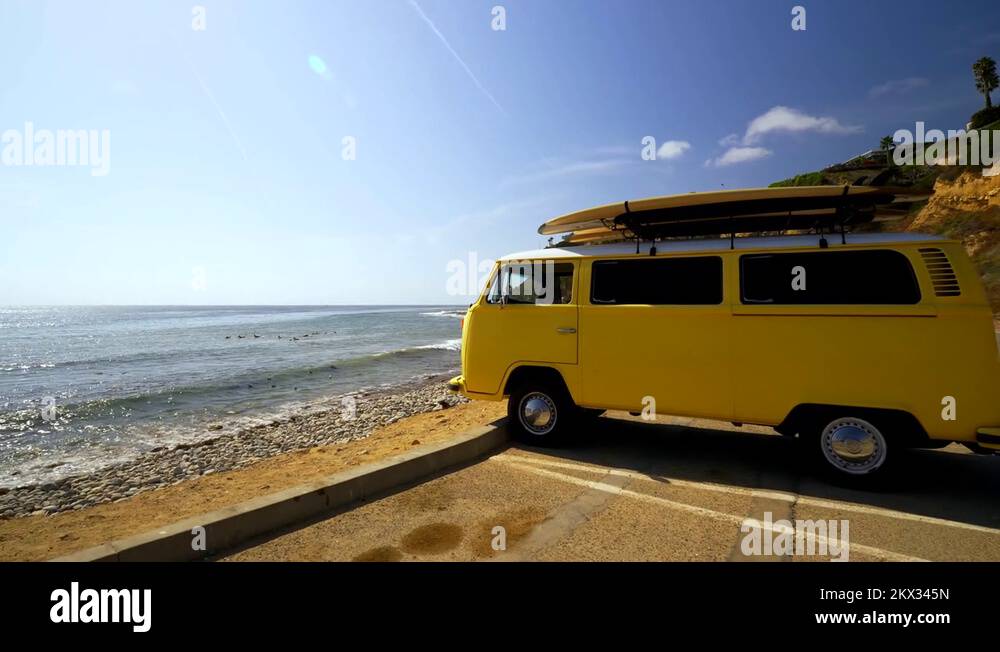 Classic VW Bus With Surfboards at the Beach Tracking Shot Stock Video ...