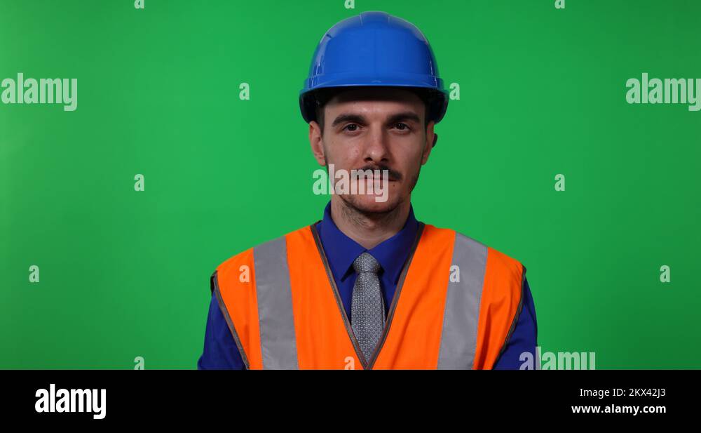 Caucasian Engineer Man Presentation Serious Look Camera Green Screen