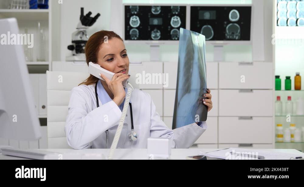 Medical Doctor Woman Talking Landline Phone Positive Conversation ...