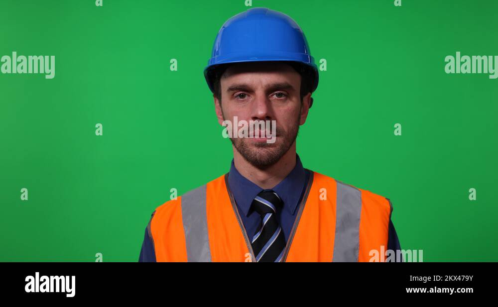 Engineer Man Showing Thumb Up Sign Camera Hand Gestures Green Screen ...