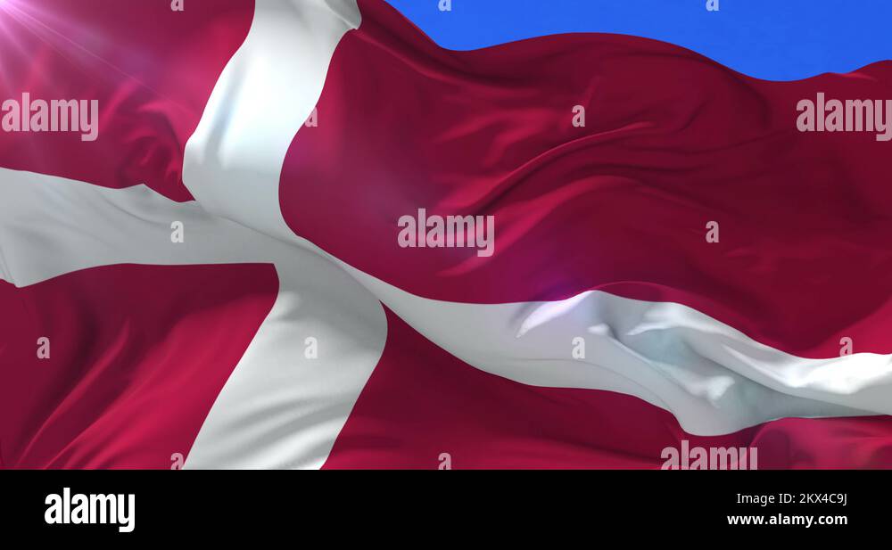 Flag of the Kingdom of Denmark waving at wind with blue sky, loop Stock ...