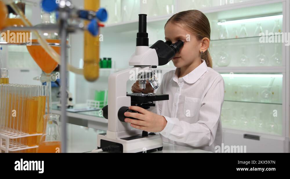 Student Child Use Microscope, Girl Working to School Project in ...