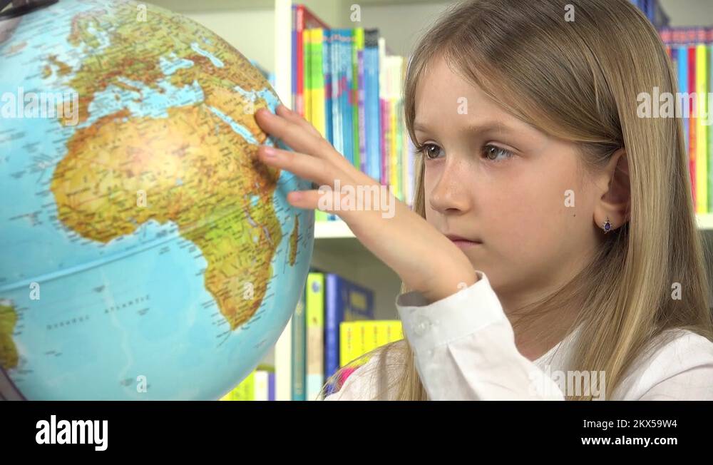 Child Studying Earth Globe, Kid in School Class Girl Learning, Student ...