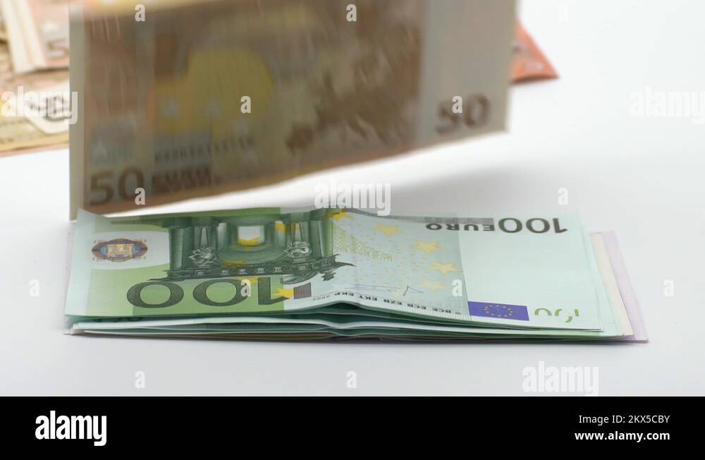 Slow motion of euros are flying and falling. Euro banknotes different ...