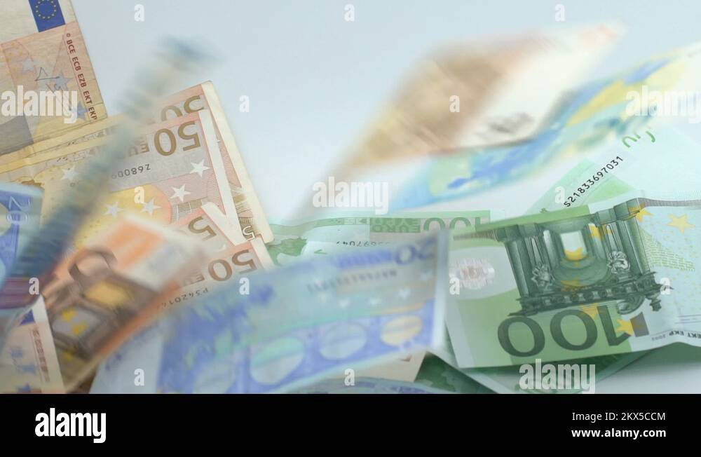 Slow motion of euros are flying and falling. Euro banknotes different ...